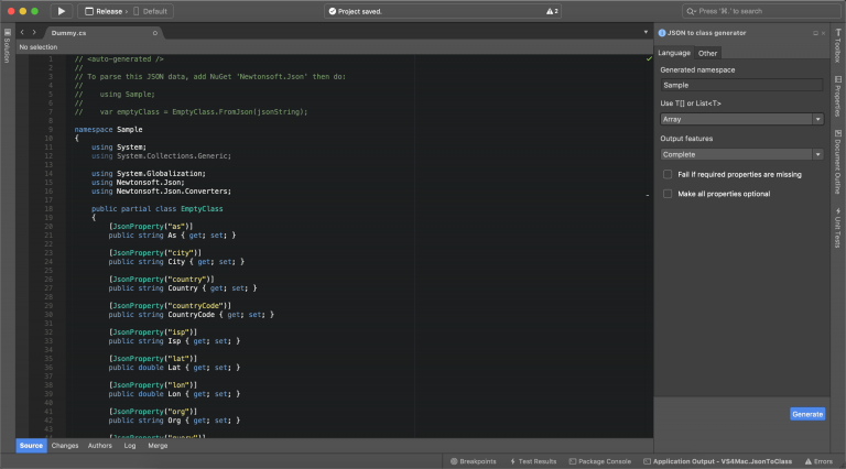 Generar código a partir de JSON en VS4Mac - Desarrollo en .NET